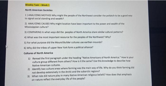 Solved Weekly Task-Week 1 North American Societies 1) | Chegg.com