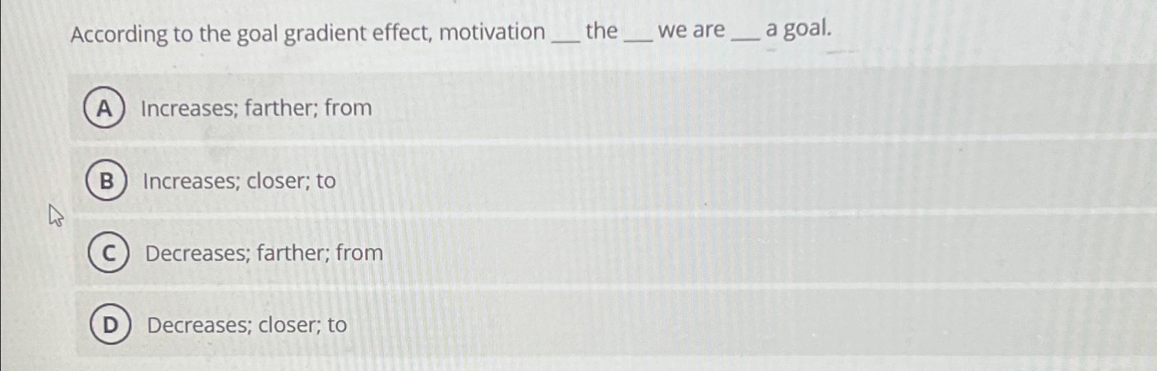 Solved According to the goal gradient effect, motivation the | Chegg.com