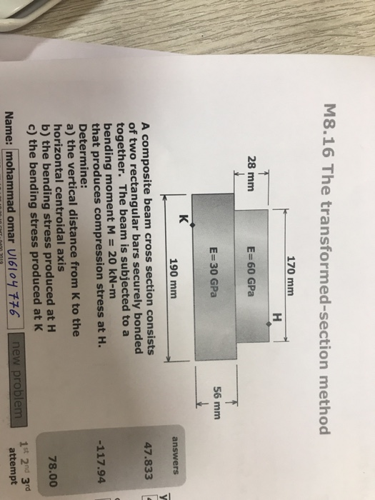 Solved M8.16 The transformed-section method 170 mm H 28 mm | Chegg.com