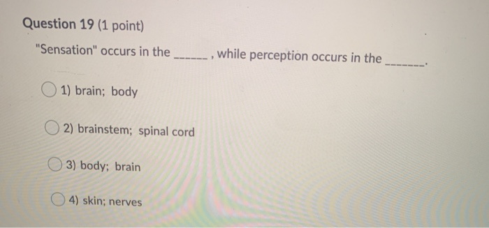 Solved Question 19 (1 point) "Sensation" occurs in the while | Chegg.com