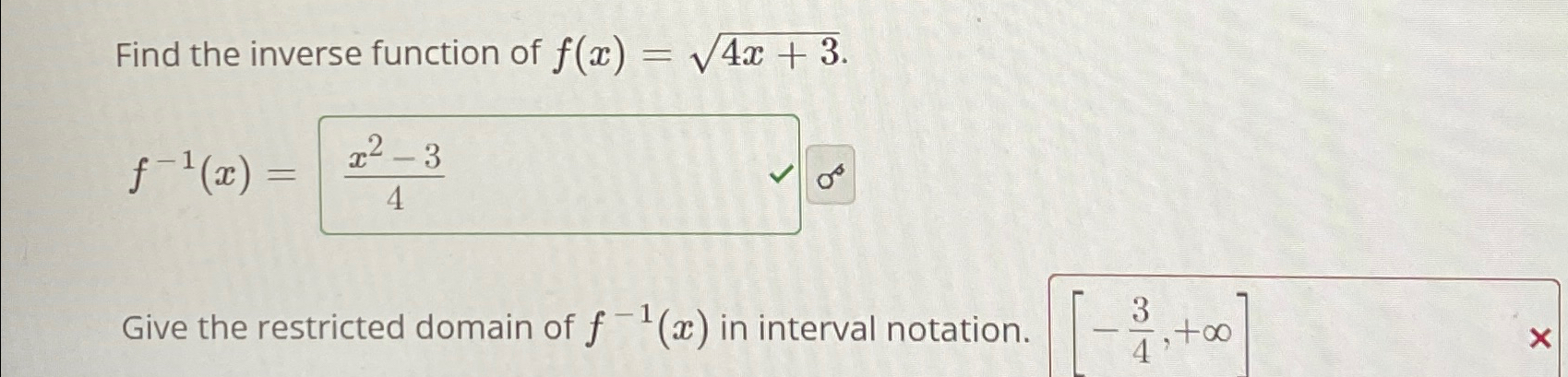 Solved Find the inverse function of f(x)=4x+32.f-1(x)=Give | Chegg.com