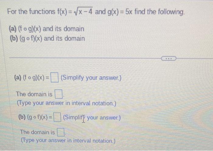 Solved For the functions f(x)=x−4 and g(x)=5x find the | Chegg.com