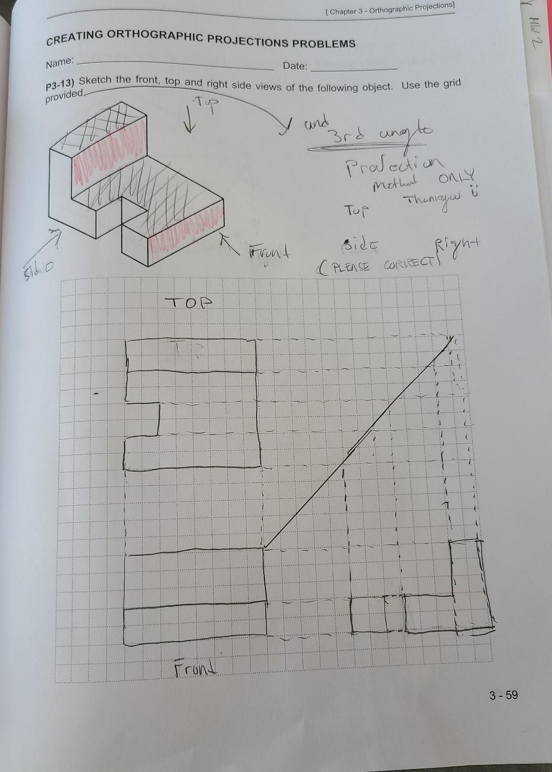 Solved p3-13) Sketch the front, top and right side views of | Chegg.com