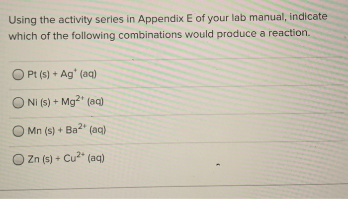 Solved Using the activity series in Appendix E of your lab | Chegg.com
