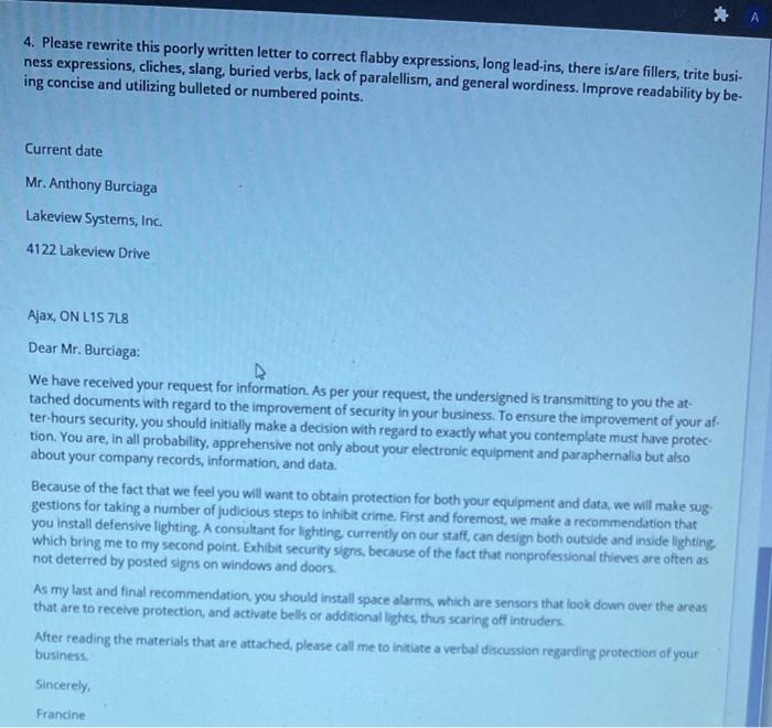 Solved * 4. Please rewrite this poorly written letter to | Chegg.com
