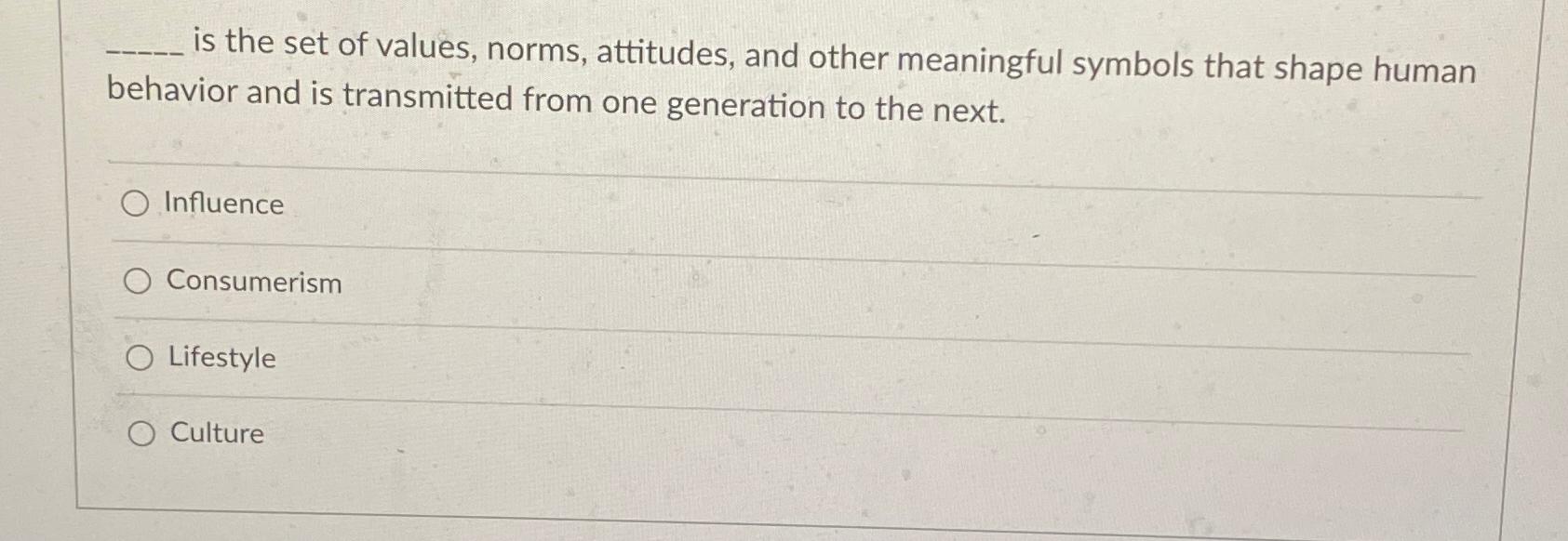 Solved What is the set of values, norms, attitudes, and | Chegg.com