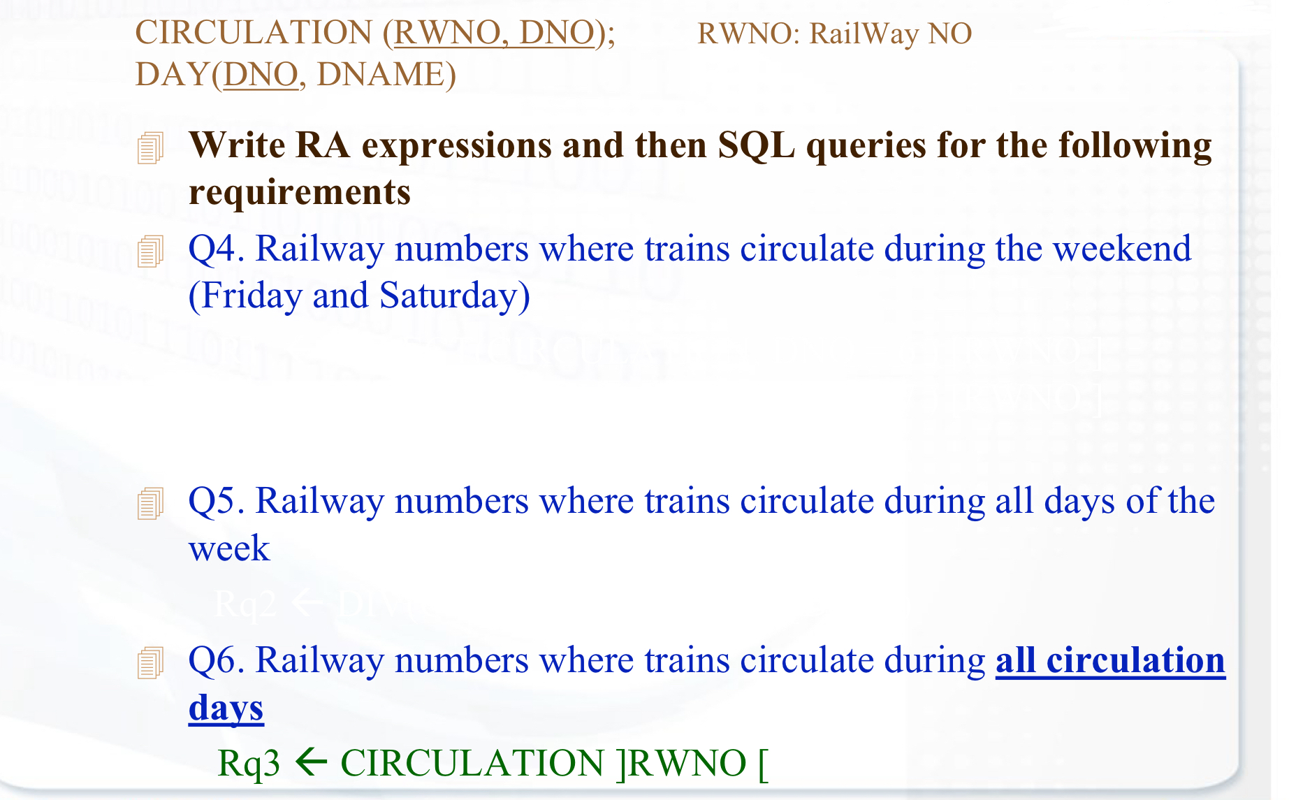 Solved CIRCULATION (RWNO, ﻿DNO); RWNO: RailWay NODAY(DNO, | Chegg.com