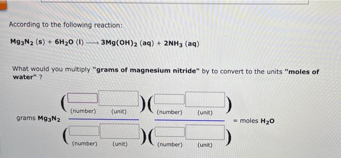Solved According to the following reaction: Mg3N2 (s) + 6H20 | Chegg.com
