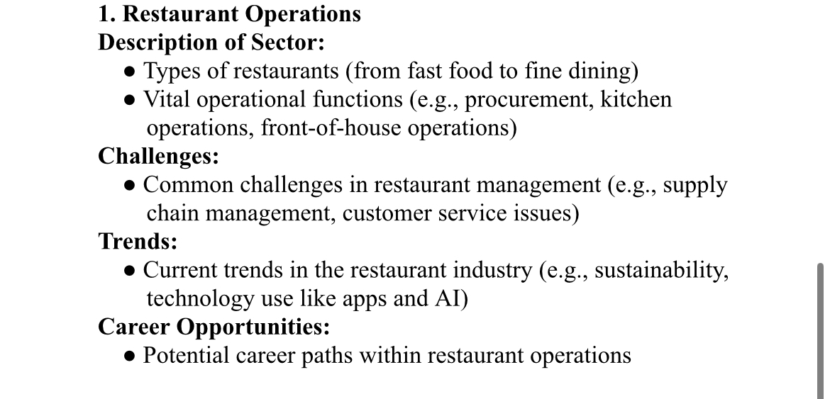 Solved Restaurant OperationsDescription of Sector:Types of | Chegg.com