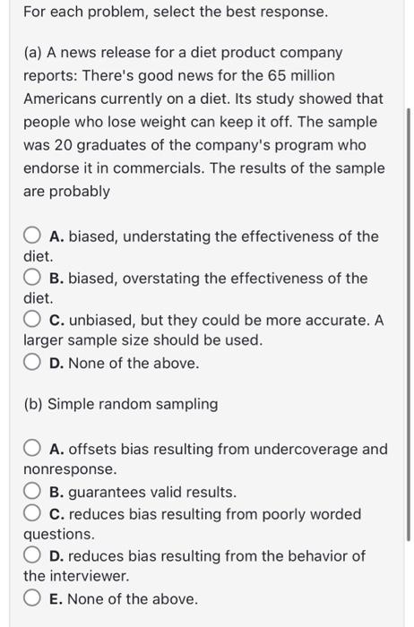 Solved For each problem, select the best response. (a) A | Chegg.com