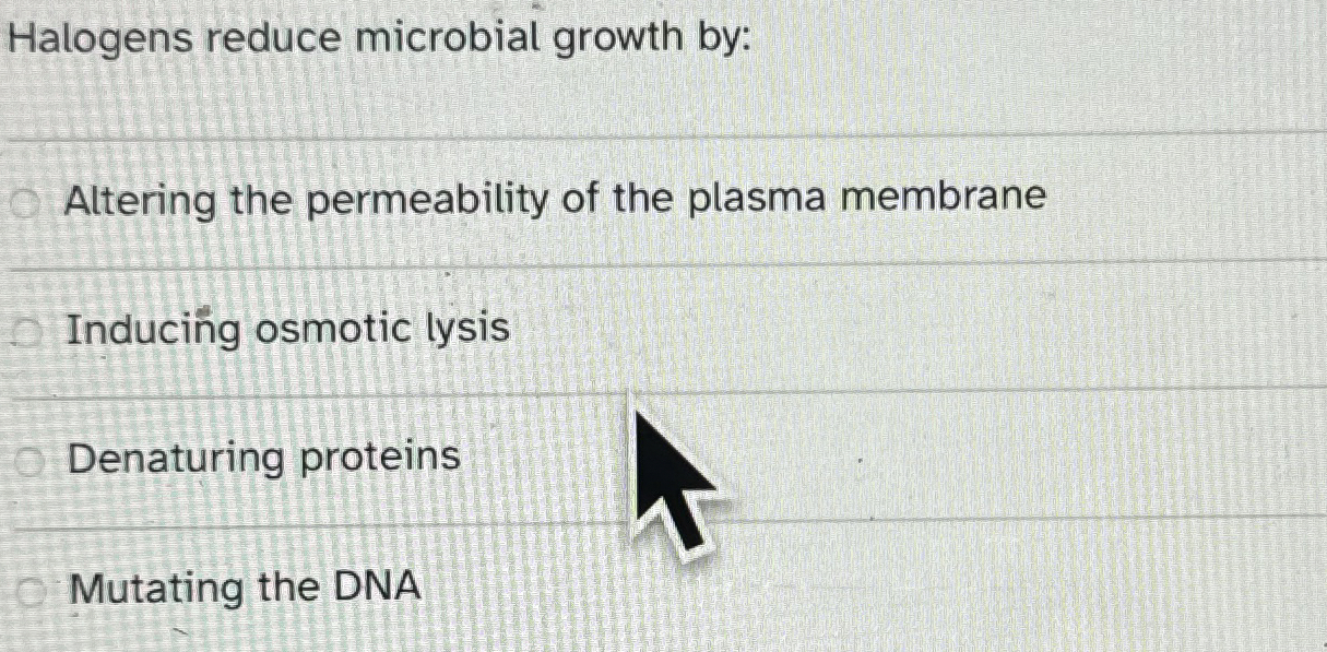 Solved Halogens reduce microbial growth by:Altering the | Chegg.com