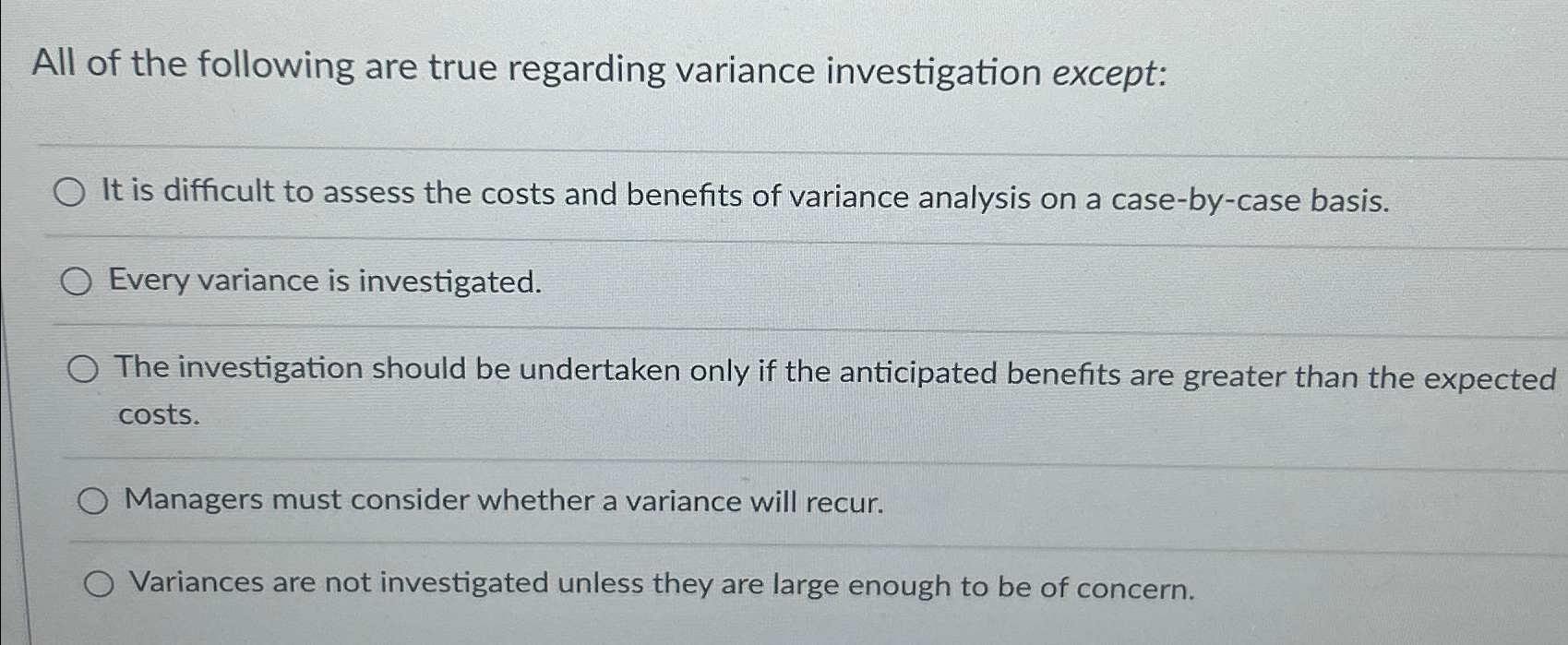Solved All of the following are true regarding variance | Chegg.com