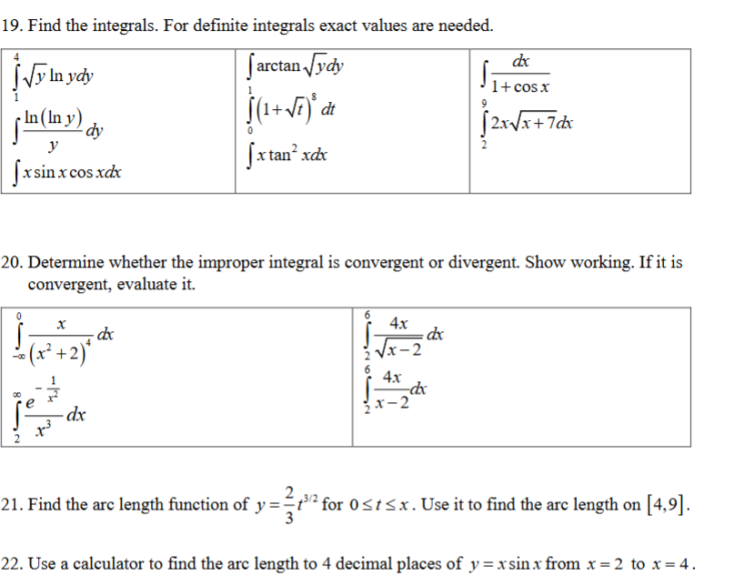 Find the integrals. For definite integrals exact | Chegg.com