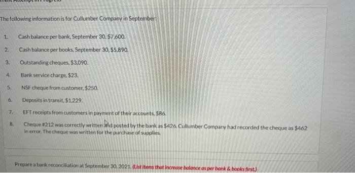 Solved 1, prepare a bank reconciliation at September | Chegg.com