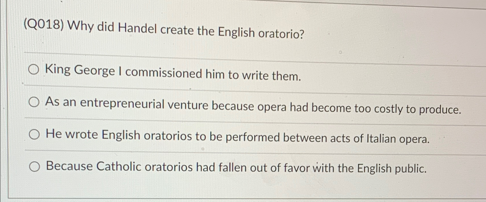 Solved (Q018) ﻿Why did Handel create the English | Chegg.com