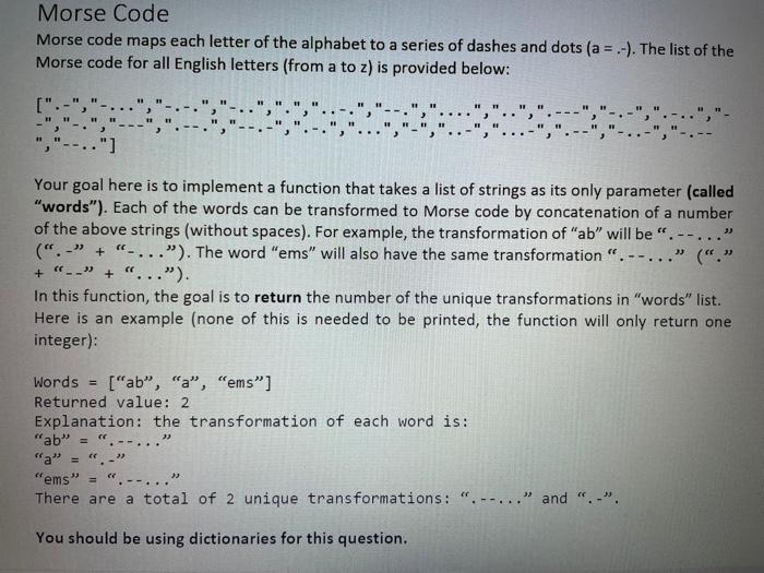 Solved Morse Code Morse code maps each letter of the | Chegg.com
