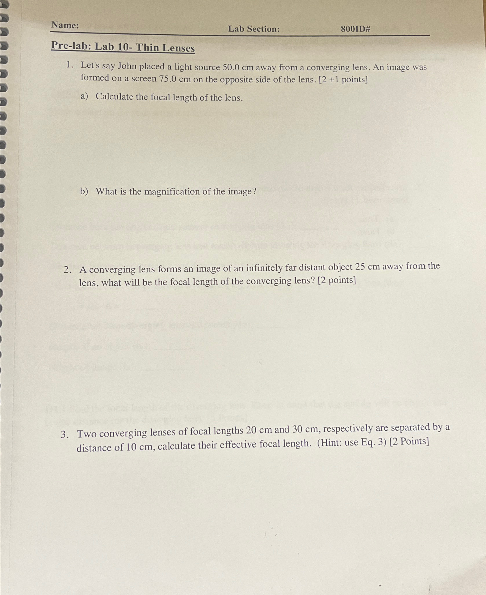 Solved Name:Lab Section:800ID#Pre-lab: Lab 10- ﻿Thin | Chegg.com