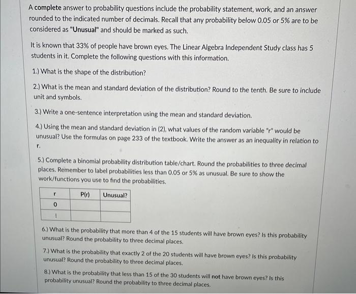 Solved A complete answer to probability questions include | Chegg.com