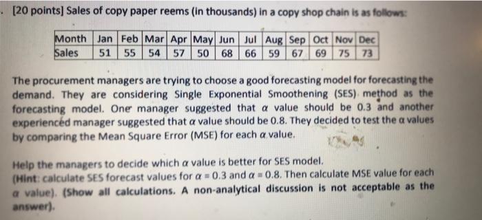 Solved [20 points) Sales of copy paper reems (in thousands) | Chegg.com