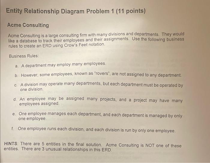 Solved Entity Relationship Diagram Problem 1 (11 points) | Chegg.com