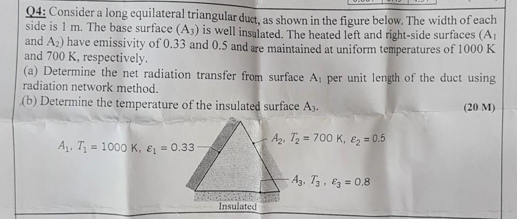 Solved Q4: Consider a long equilateral triangular duct, as | Chegg.com