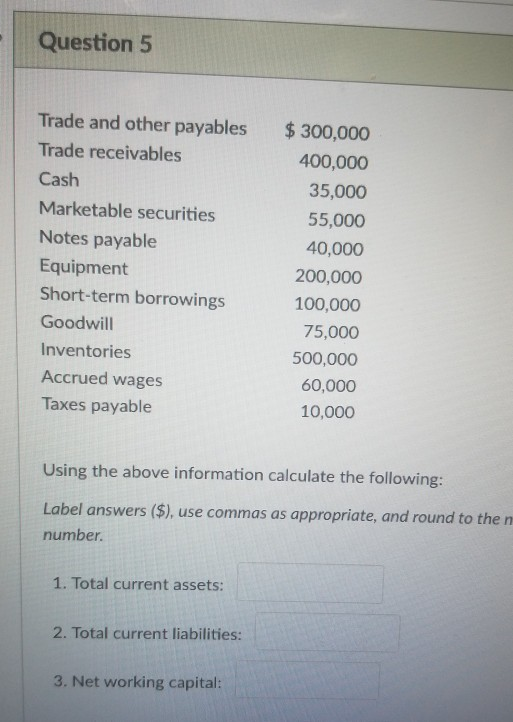 Solved Question 5 Trade and other payables Trade receivables | Chegg.com