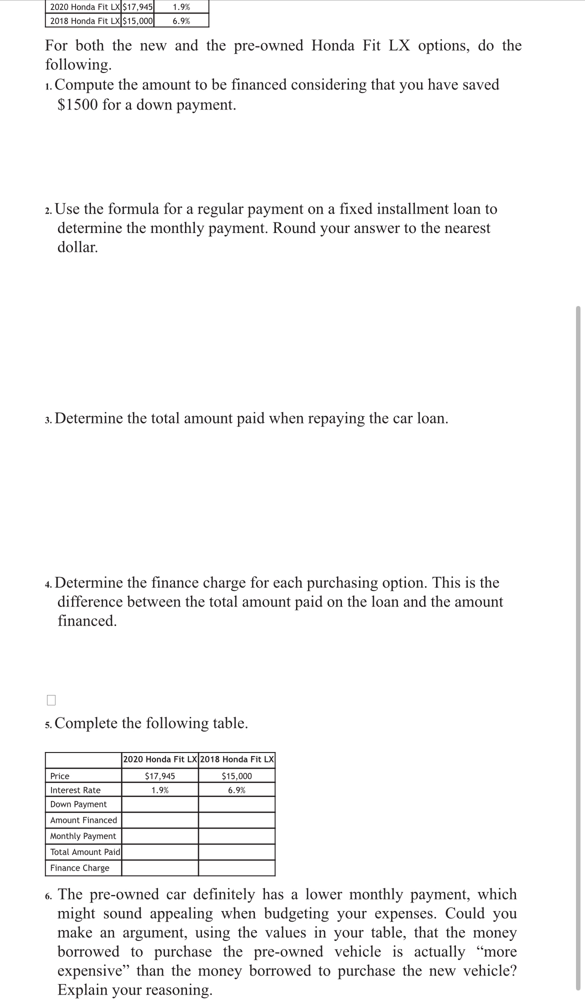 Solved \table[[2020 ﻿Honda Fit LX $17,945,1.9% | Chegg.com