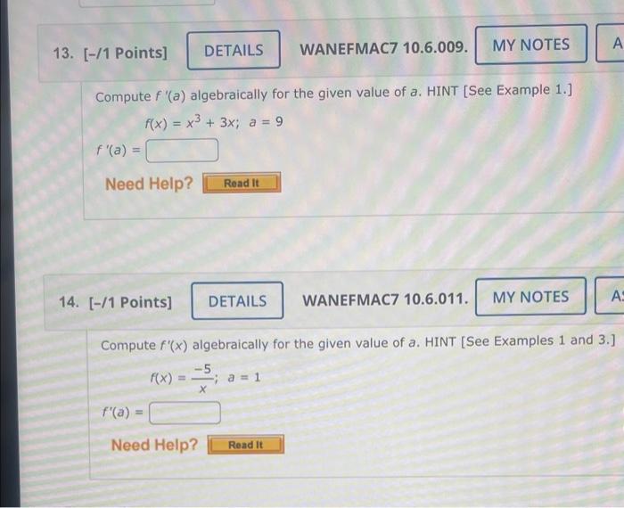 Solved Compute f′(a) algebraically for the given value of a. | Chegg.com