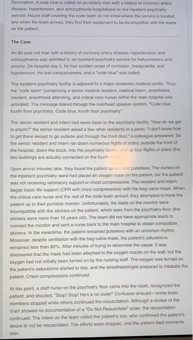 Solved Description: A code blue is called on an elderly man | Chegg.com