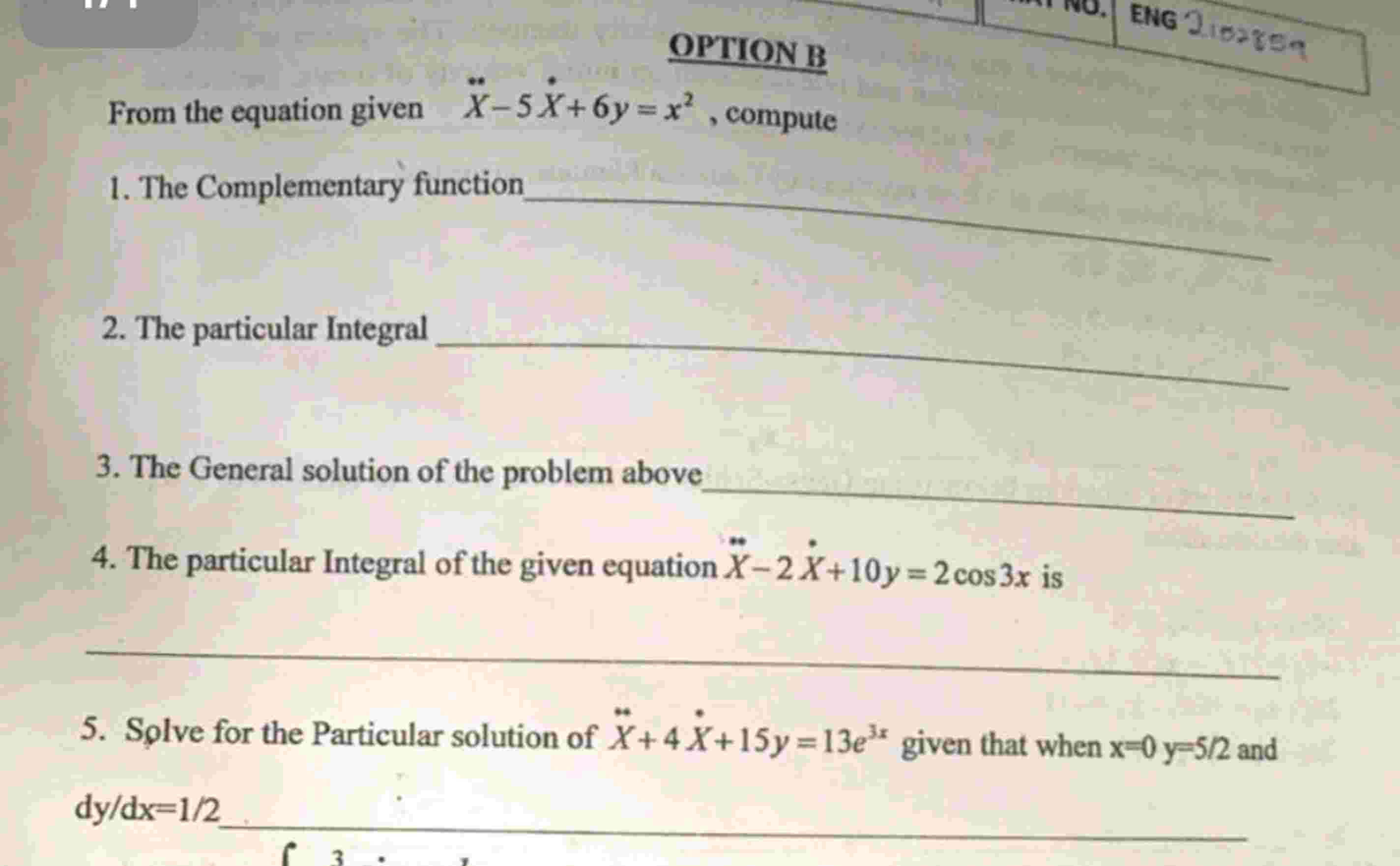 Solved OPTION BFrom the equation given x¨-5x˙+6y=x2, | Chegg.com