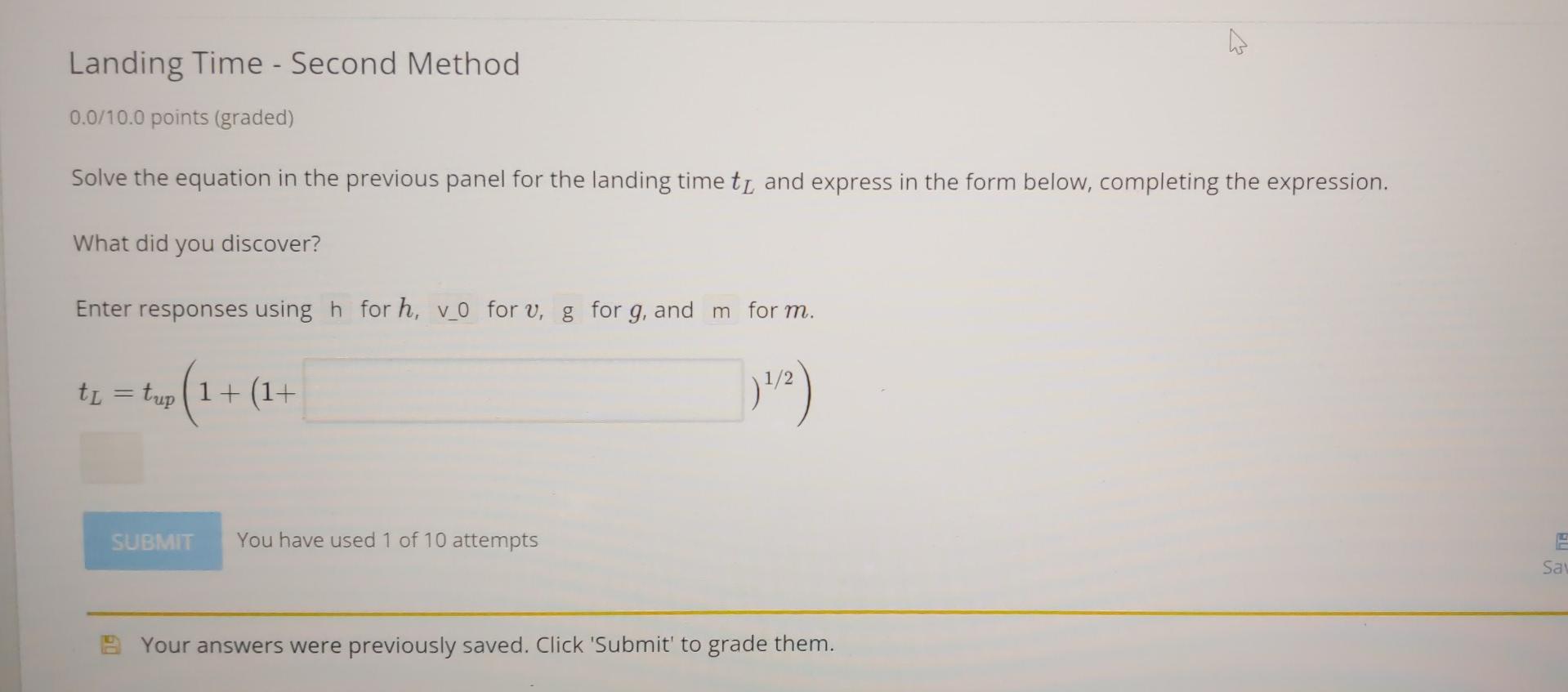 Solved Landing Times 0/10 points (graded) Using the equation | Chegg.com