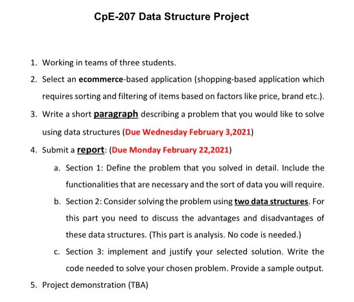 Solved CpE-207 Data Structure Project 1. Working in teams of | Chegg.com