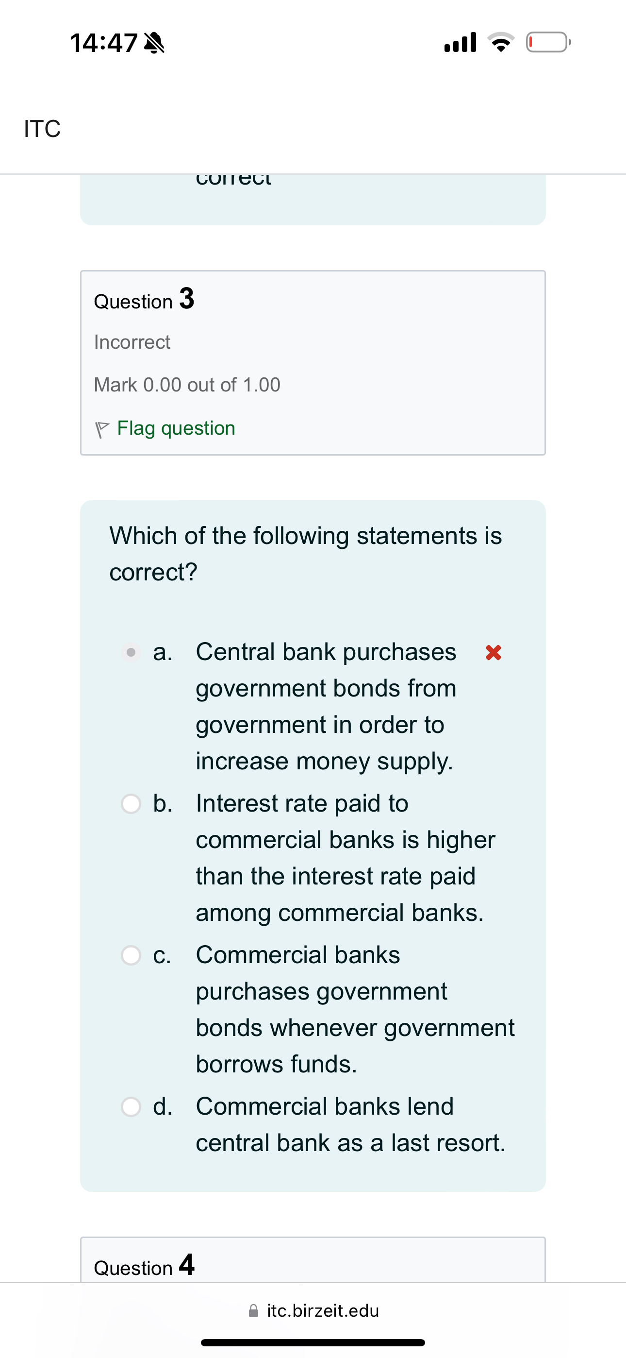 Solved 14:47.ll ₹ITCQuestion 3IncorrectMark 0.00 ﻿out of | Chegg.com