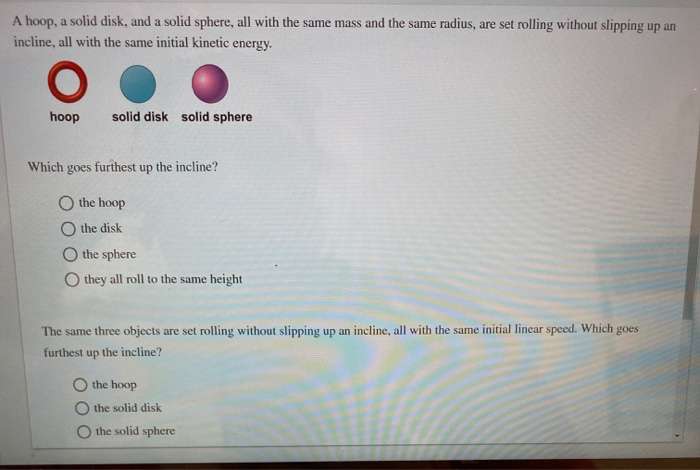 Solved A hoop, a solid disk, and a solid sphere, all with | Chegg.com