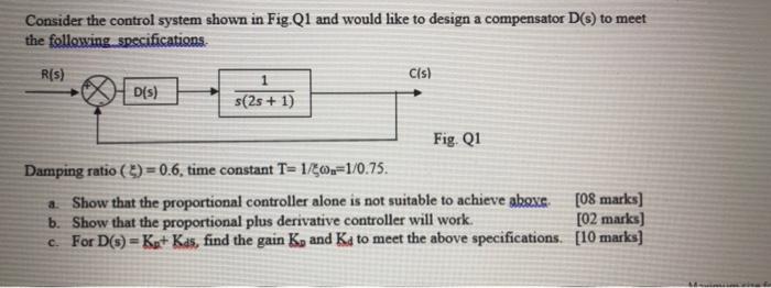 Solved Consider the control system shown in Fig. Q1 and | Chegg.com