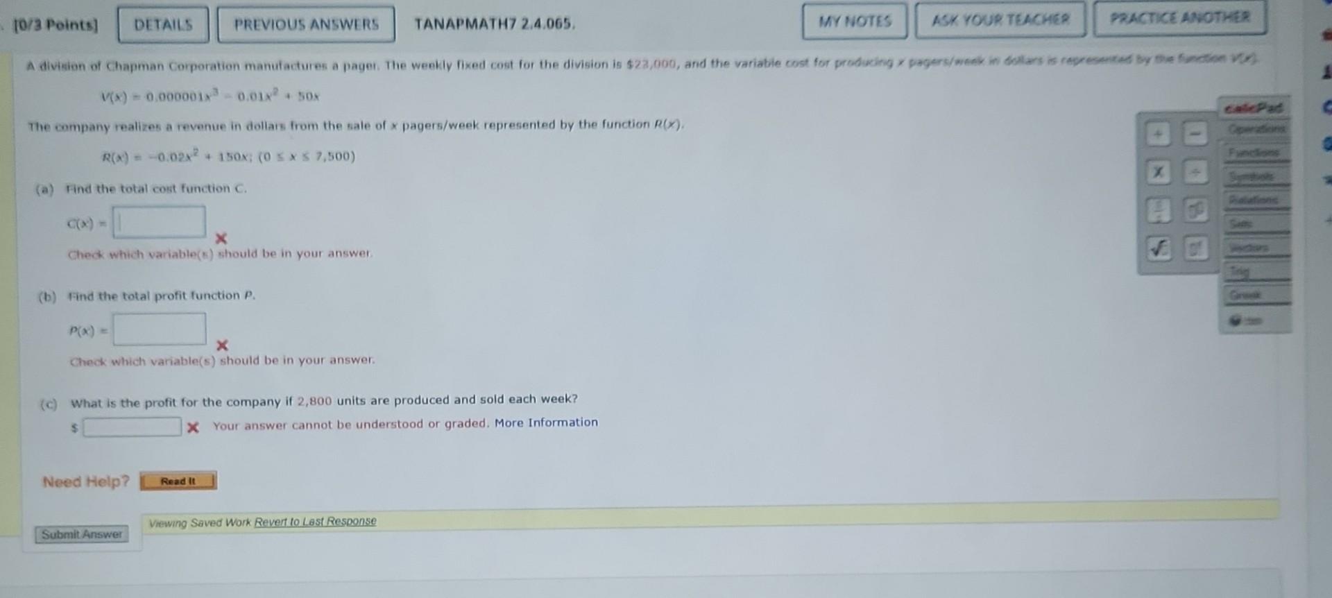 Solved V(x)=0.000001x3−0.01x2+50x The company realizes a | Chegg.com