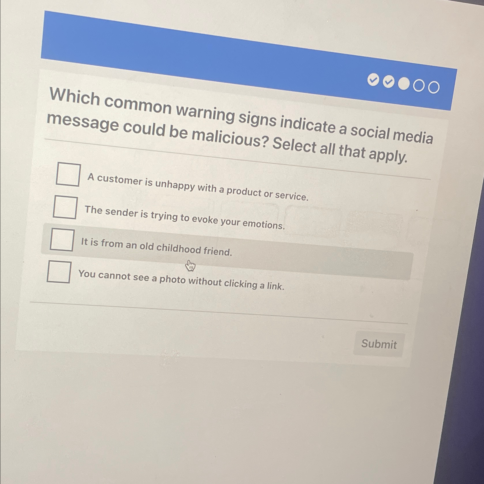 Solved Which common warning signs indicate a social media | Chegg.com