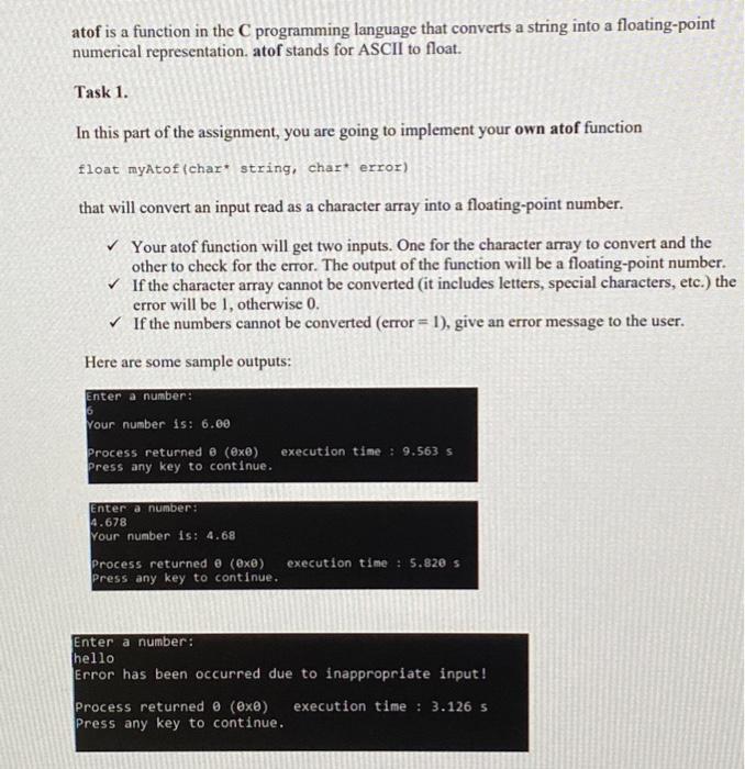 Solved Atof Is A Function In The C Programming Language That