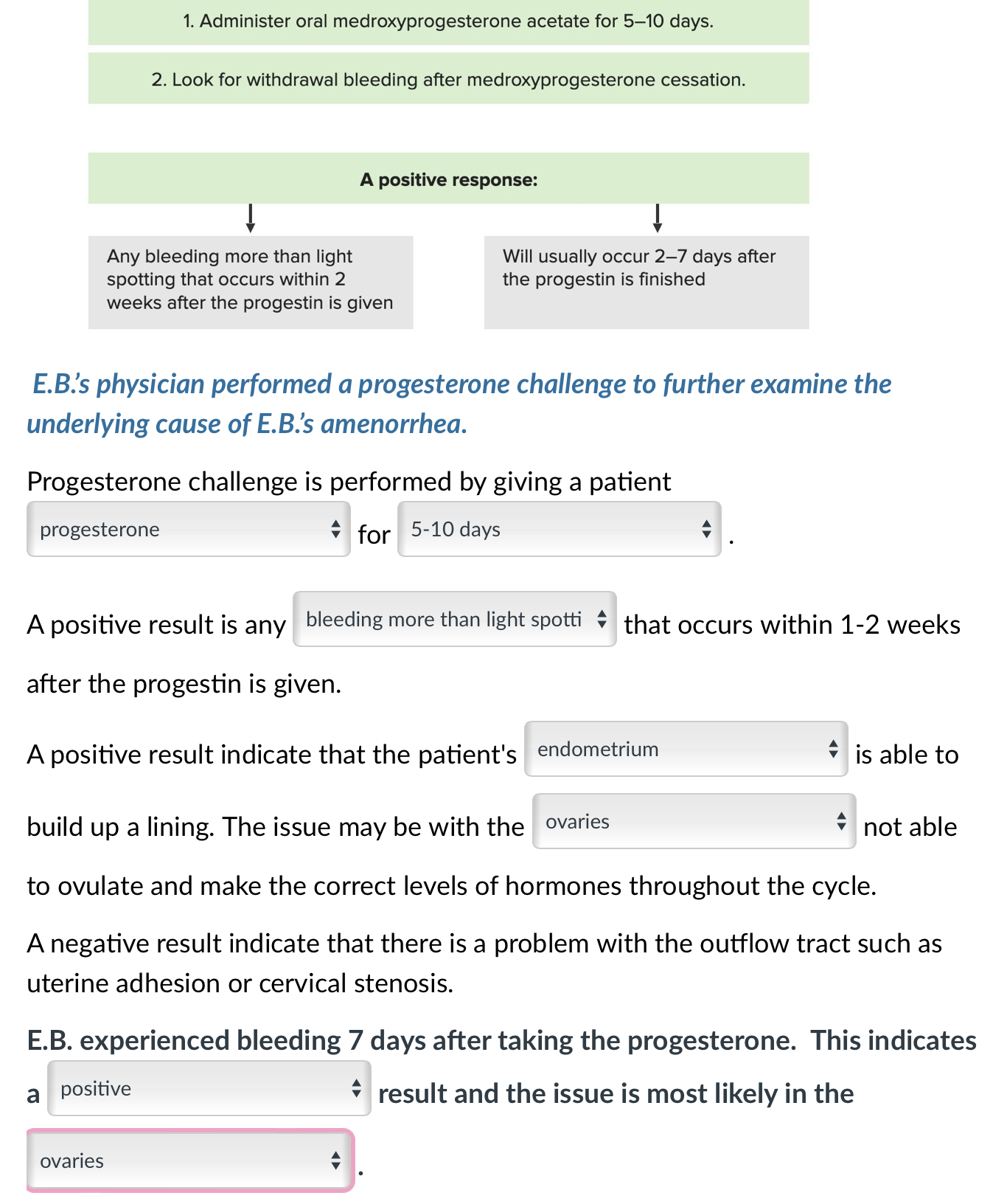 Solved E.B.'s physician performed a progesterone challenge | Chegg.com