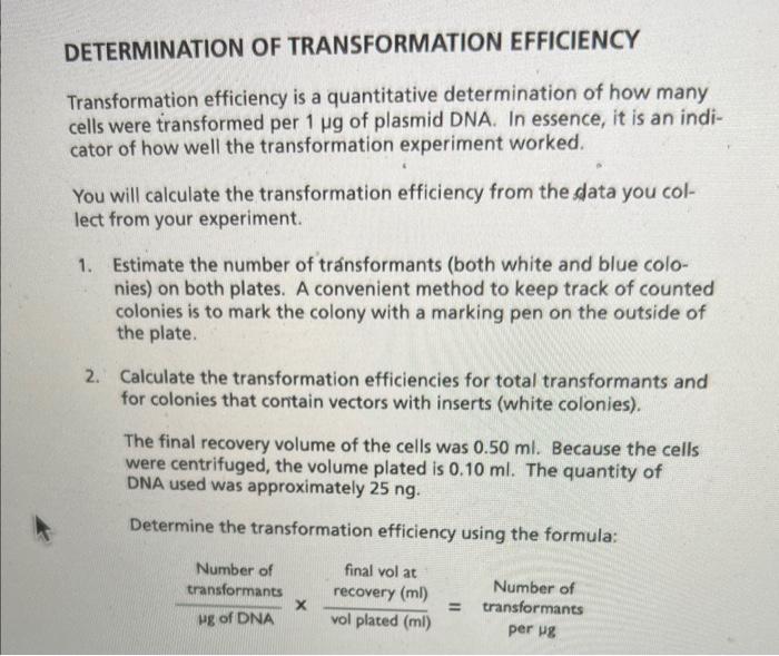 Solved DETERMINATION OF TRANSFORMATION EFFICIENCY | Chegg.com