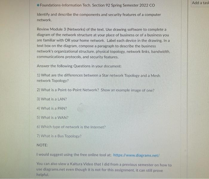 Solved Add a tash Foundations-Information Tech. Section 92 | Chegg.com