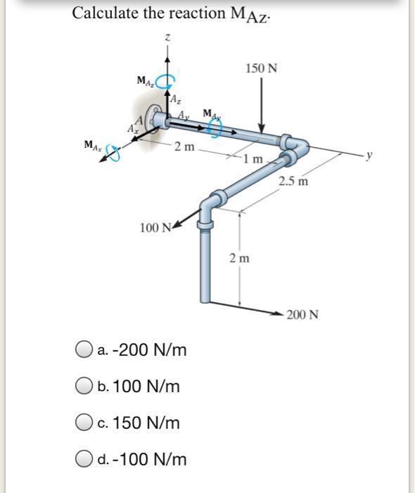 Solved Calculate the reaction MAz 150 N MAZ M MA 2 m 1 m 2.5 | Chegg.com
