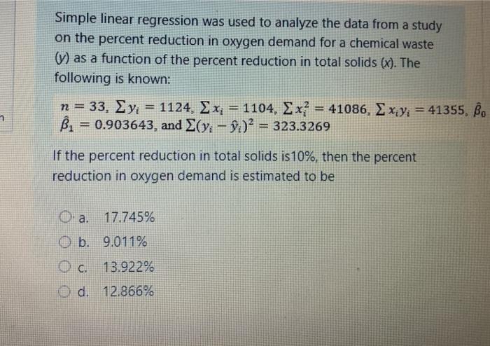 Solved Simple linear regression was used to analyze the data | Chegg.com