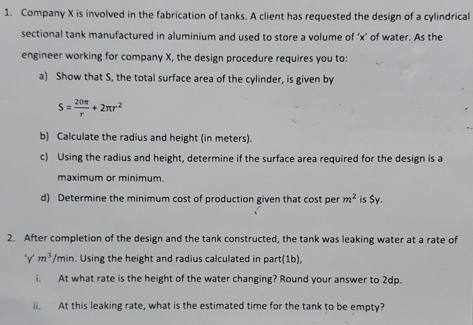 Solved volume of water (m3 cube) - 26 cost per surface are : | Chegg.com