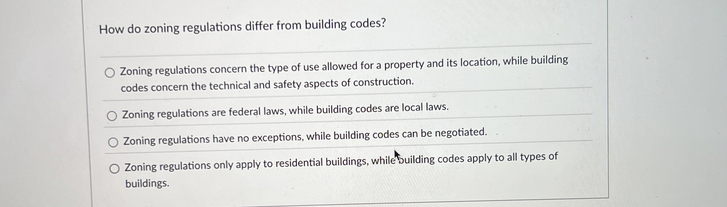 Solved How do zoning regulations differ from building | Chegg.com