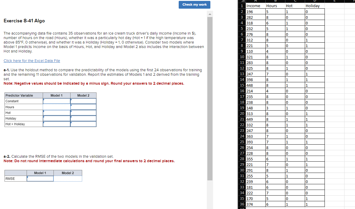 Solved Exercise 8-41 ﻿AlgoThe accompanying data file | Chegg.com