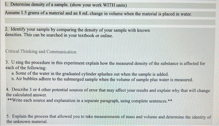 Solved 2. Identify your sample by comparing the density of | Chegg.com