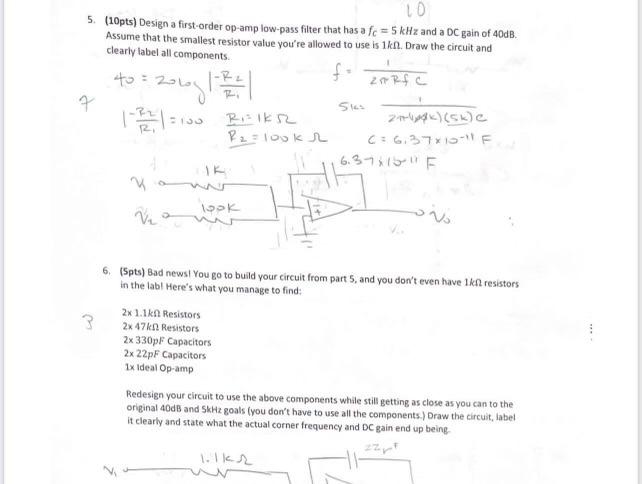 Solved 5. (10pts) Design a first-order op-amp low-pass | Chegg.com