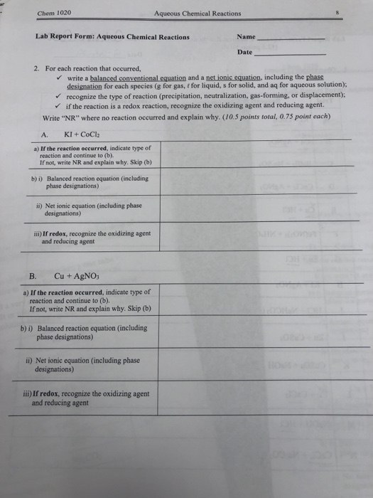 Solved Chem 1020 Aqueous Chemical Reactions Lab Report Form: | Chegg.com