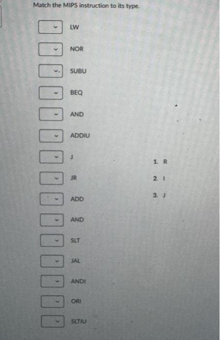 Solved Match the MIPS instruction to its type. 00 LW NOR | Chegg.com